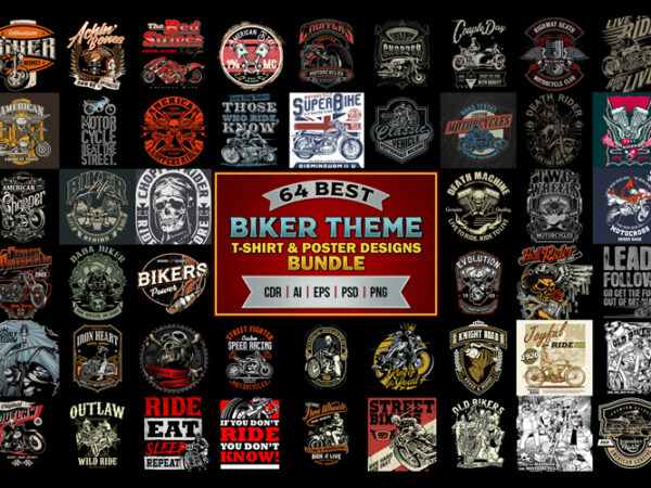 64 BEST BIKER THEME t shirt & poster designs bundle - T-shirt Bundles